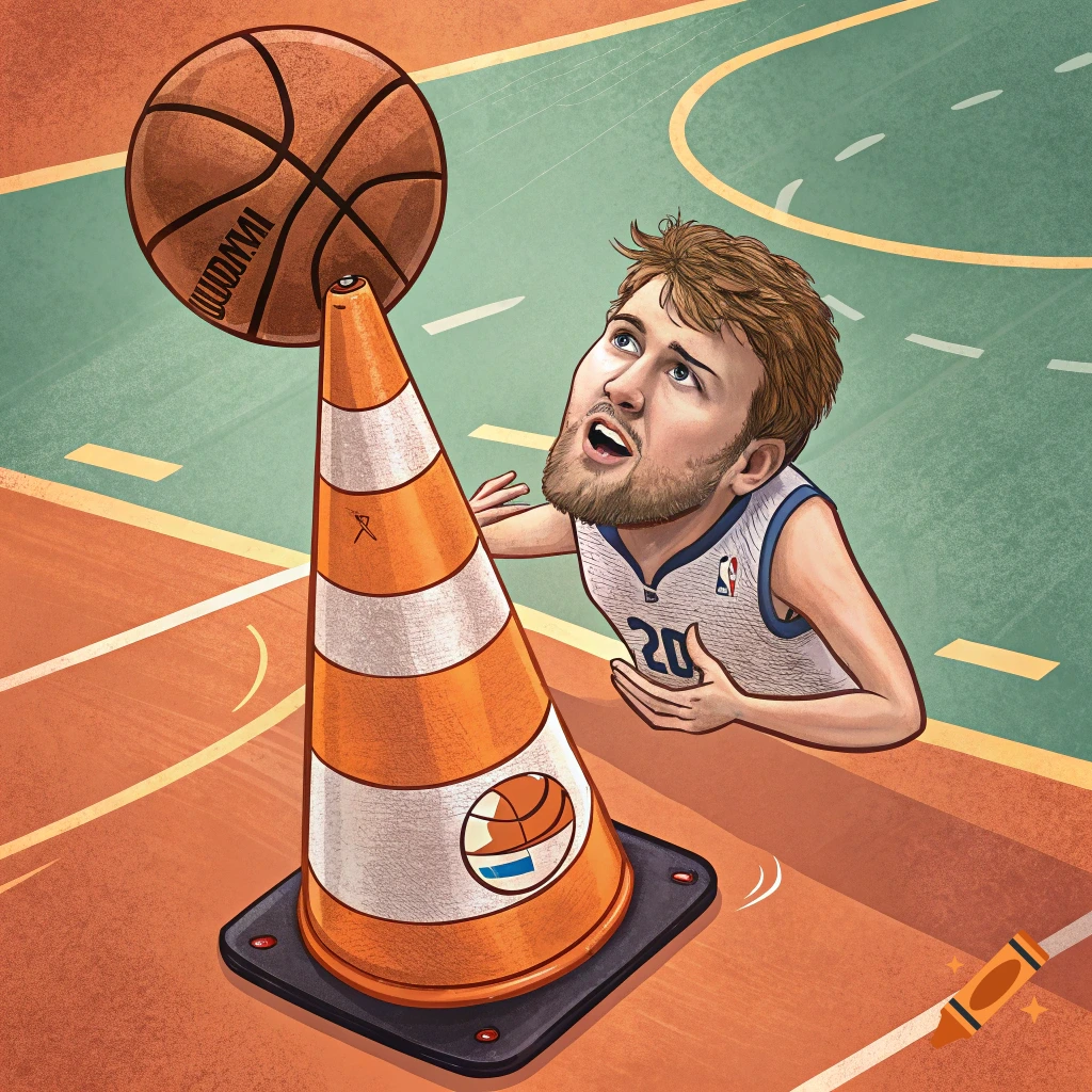 Luka Doncic as a fat traffic cone spinning a basketball on Craiyon
