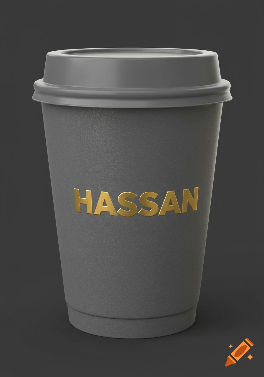 3D render of a gray coffee cup with HASSAN printed in gold on Craiyon