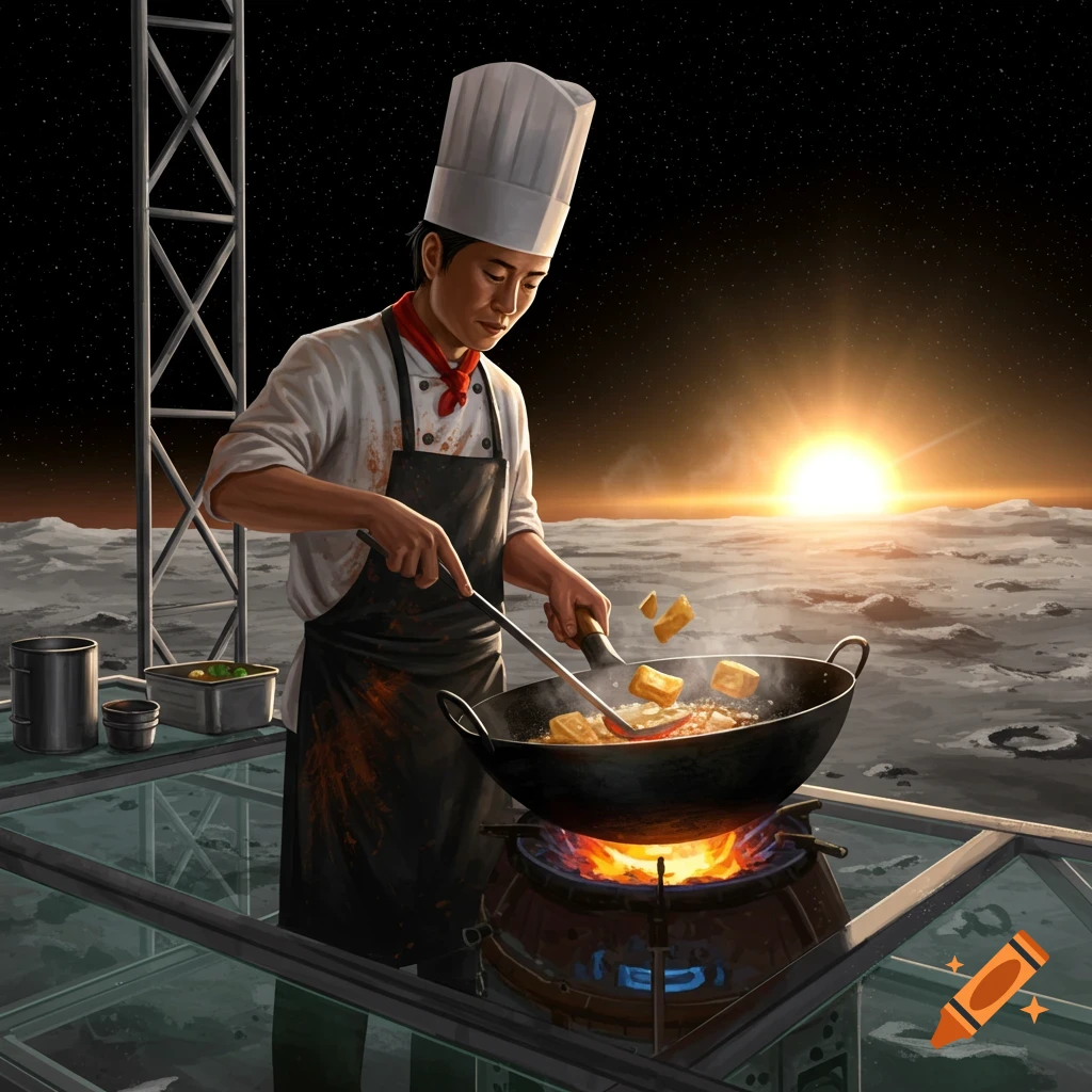 A chef is frying tofu in a wok on the moon during sunrise. on Craiyon