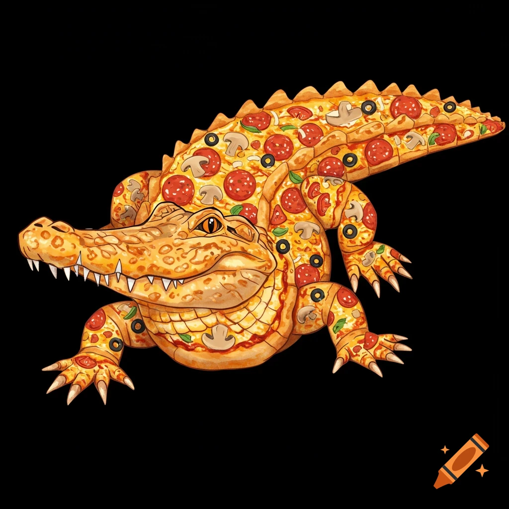 Alligator made from pizza with pepperoni, olives, and mushrooms on a ...