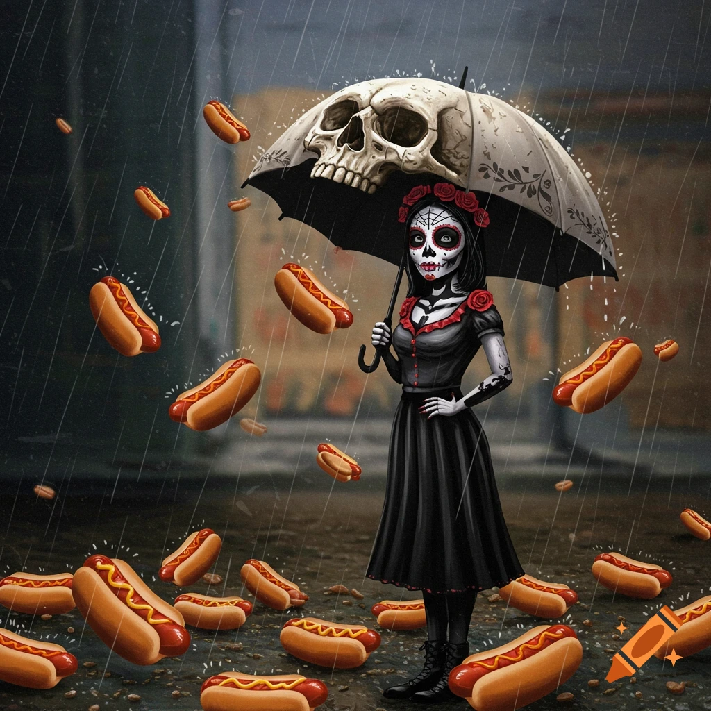 A sugar skull woman holding a skull umbrella walks down a rainy street ...