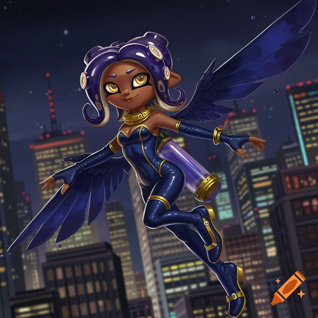 Octoling girl with ink suit and wings flying in city on Craiyon