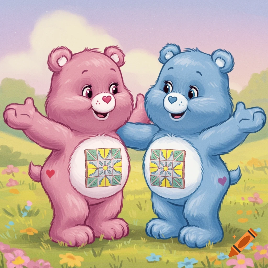 A pink and a blue Care Bear with tiled belly patches, reaching towards ...