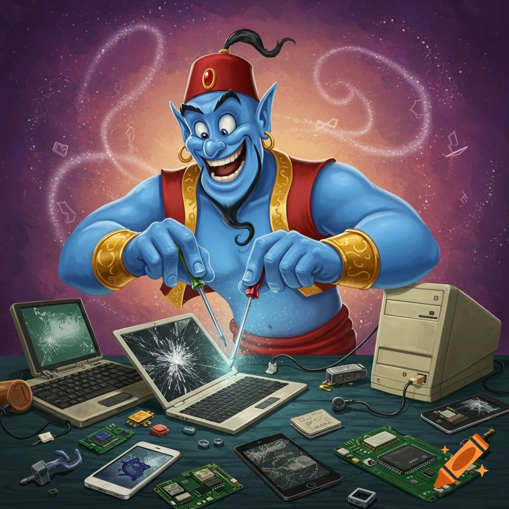 Genie repairing computer, laptops, and phones on Craiyon