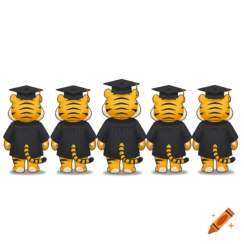 Cartoon golden tigers in graduation gowns walking away on Craiyon