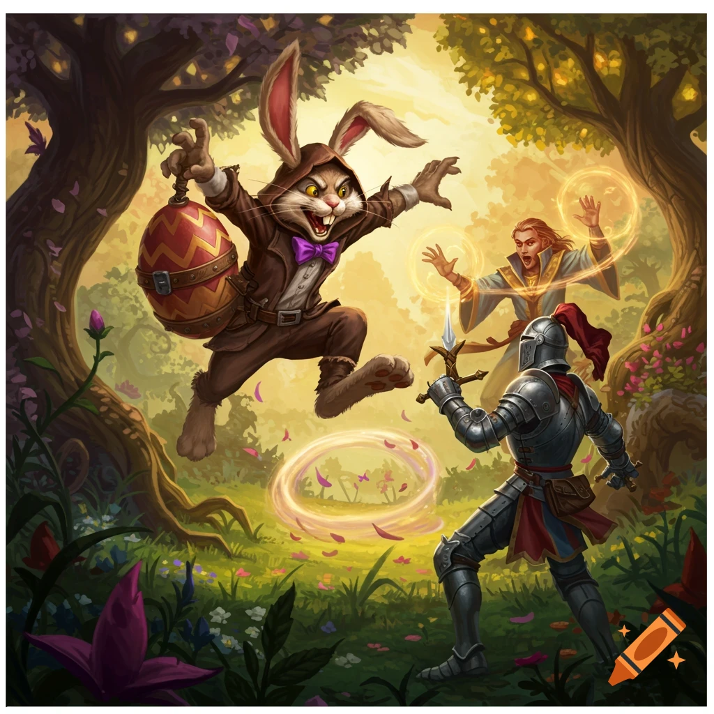 Easter bunny rogue pouncing on a knight fighting a mage on Craiyon