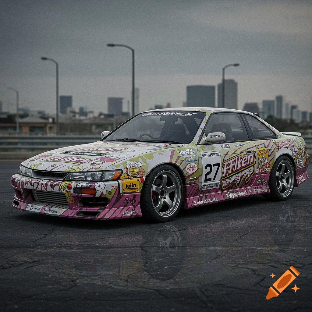 Nissan Silvia S14 drift car with anime livery parked on wet ground ...