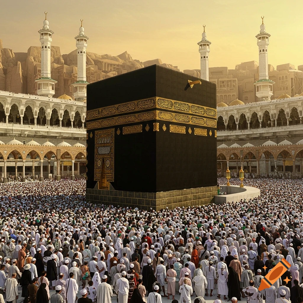 The Kaaba in Mecca is surrounded by a large crowd of pilgrims under an ...