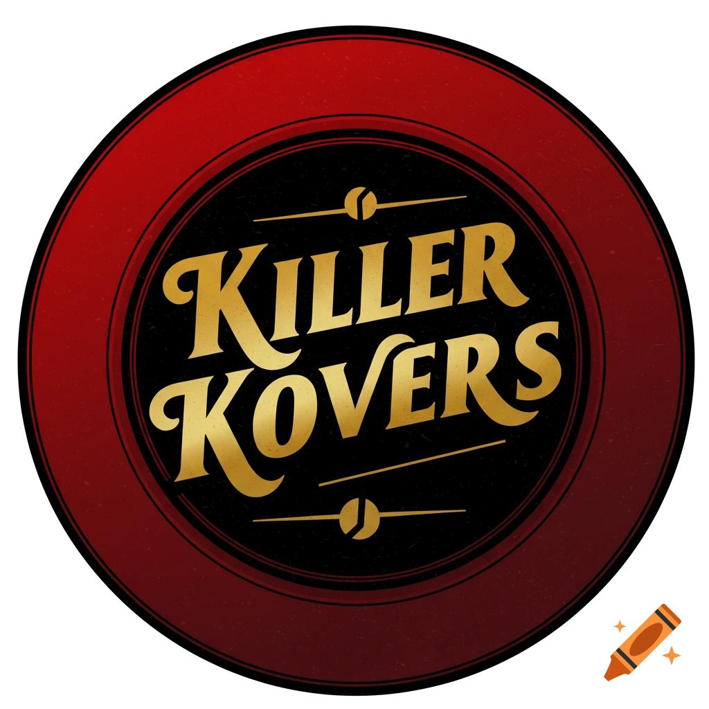 Circular dark red label with gold trim and 'Killer Kovers' text. on Craiyon