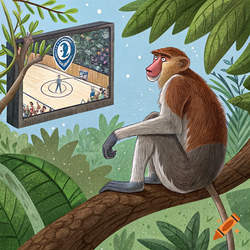 An illustration of a proboscis monkey watching a basketball game on a ...