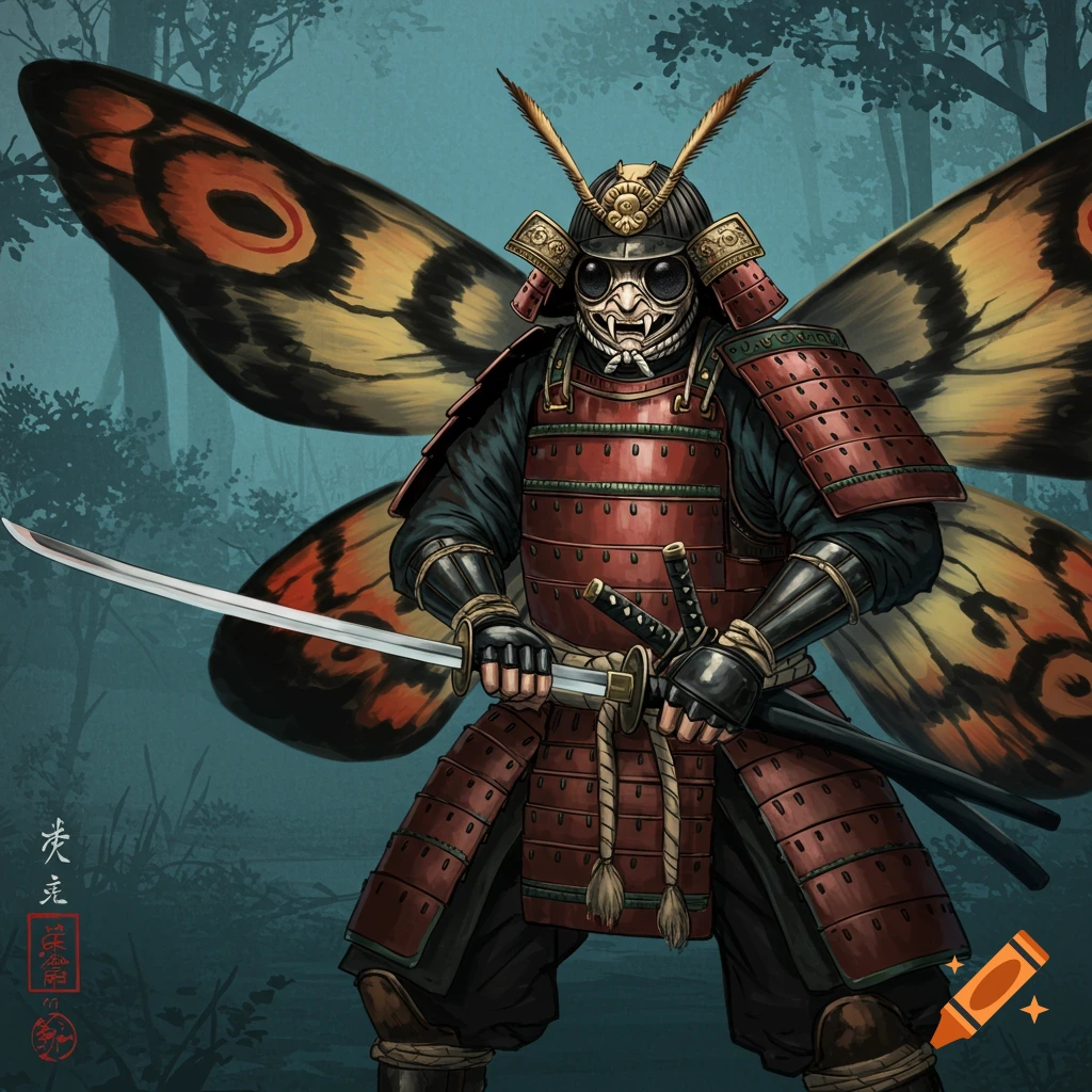 Anime-style illustration of a samurai in blue and red armor standing in ...