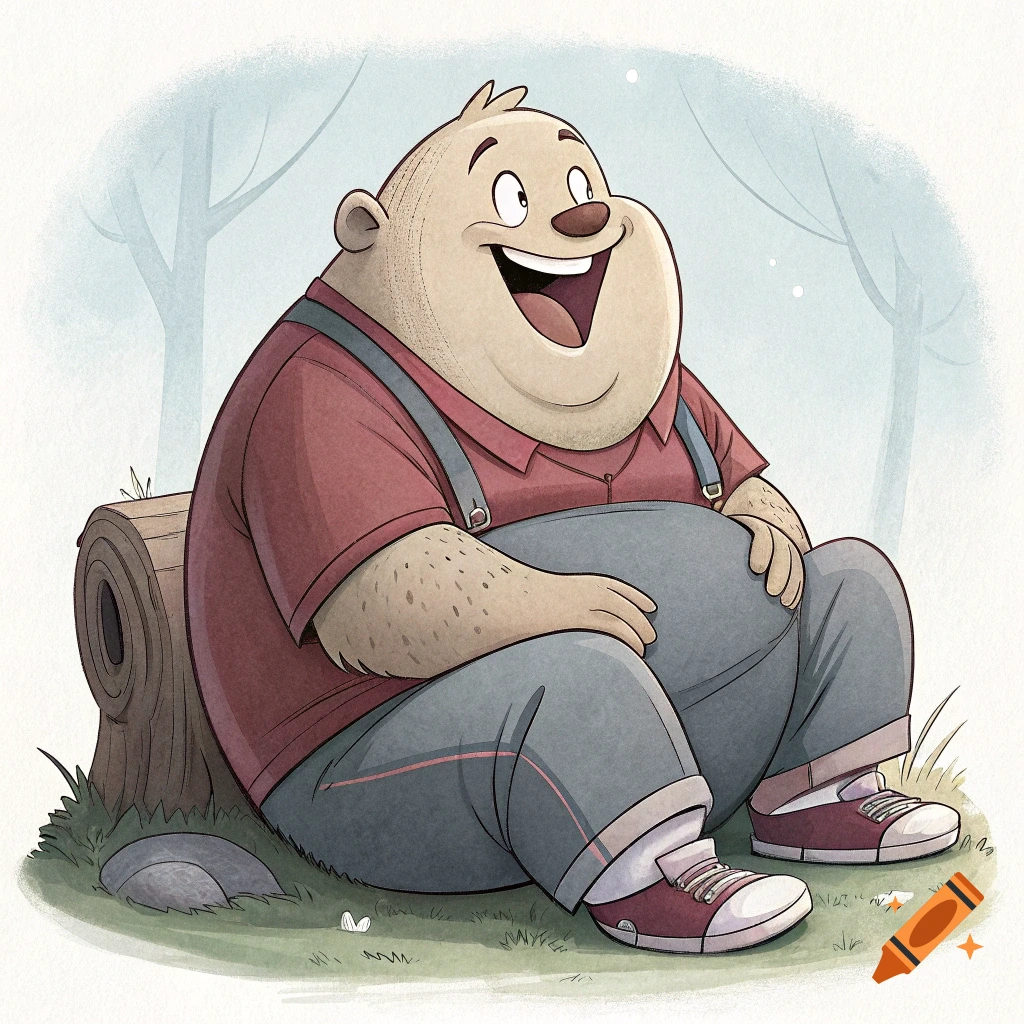 A relaxed cartoon grizzly bear in a hoodie and briefs sits in a forest ...