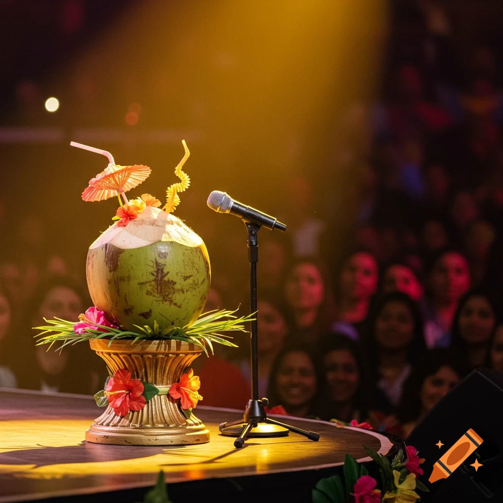 A decorated coconut sits on a stand next to a microphone on a stage ...