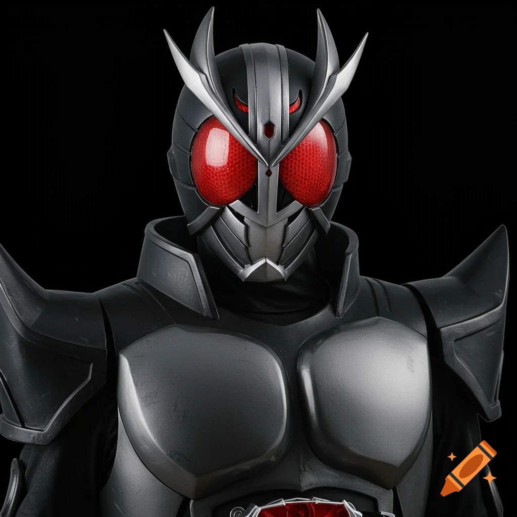 Close-up of a person in a black and grey metallic Kamen Rider suit with ...