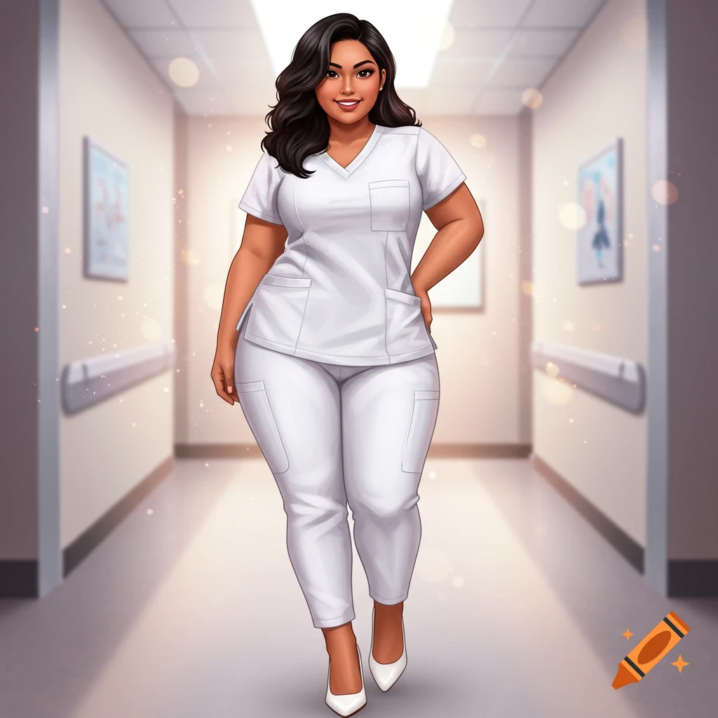 Plus size Samoan girl in white scrubs and heels on Craiyon