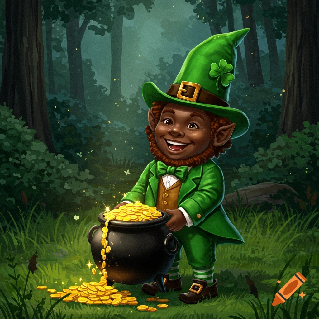 A smiling cartoon leprechaun with dark skin holds a pot of gold in a ...