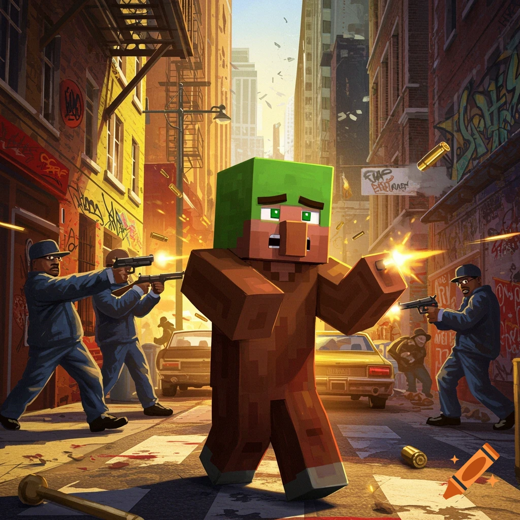 A Roblox-style character in a dark, ruined city shoots at blocky ...