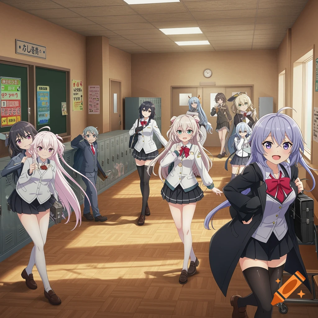 Hololive and Vshojo Vtuber idols at high school on Craiyon