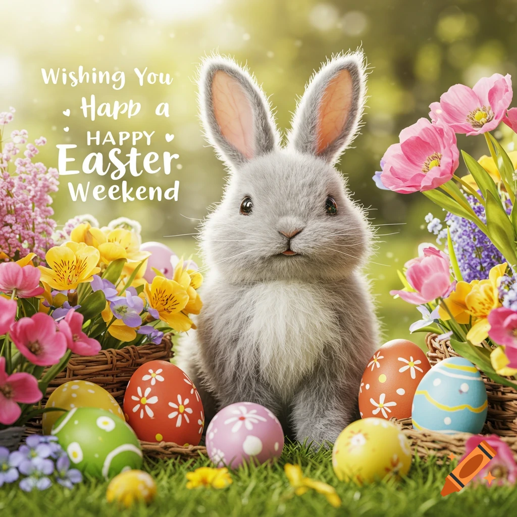 Cute Gray & White Easter Bunny with Flowers and Eggs on Craiyon