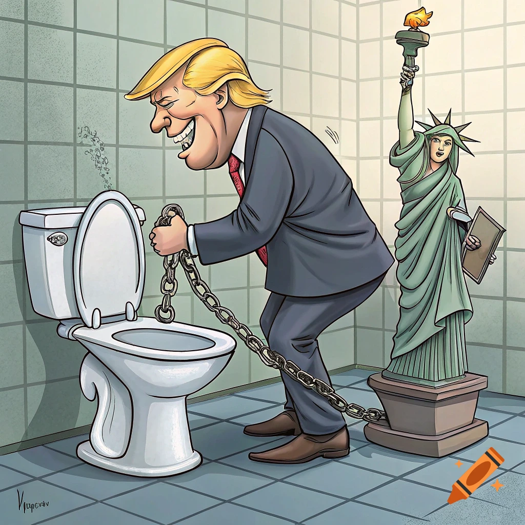 Cartoon of Donald Trump flushing Statue of Liberty on Craiyon