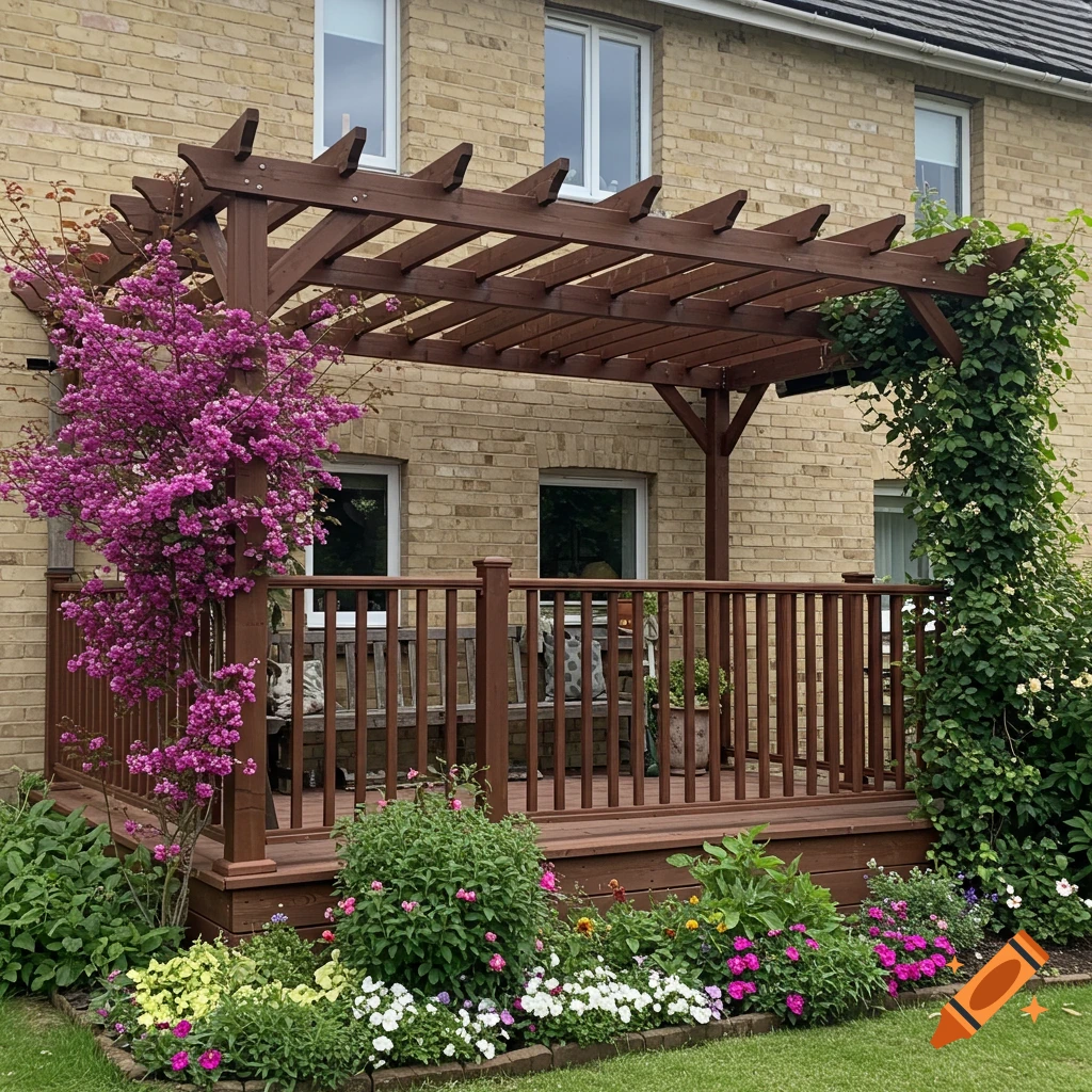 Pergola with light brick house, Merlot redbud, climbing roses, ruby ...