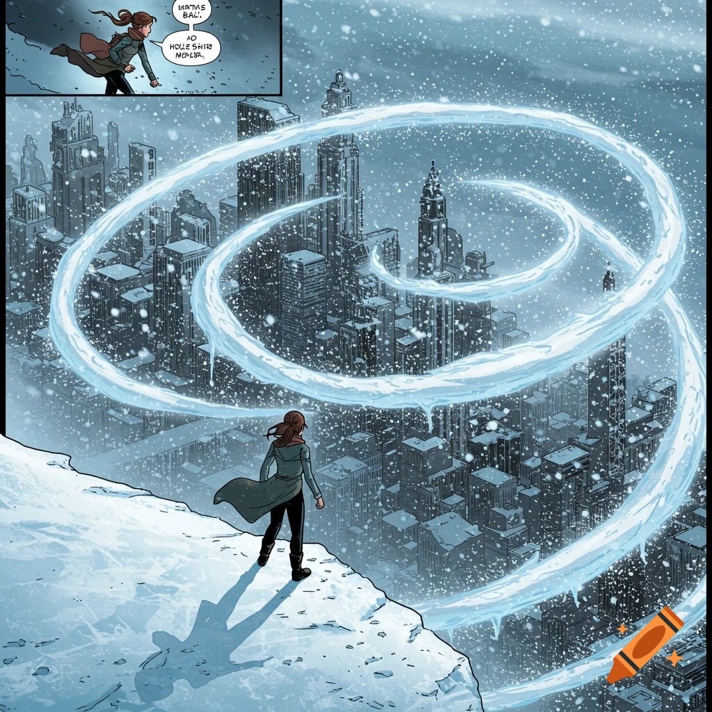 Woman at frozen cliff in comic book art style on Craiyon