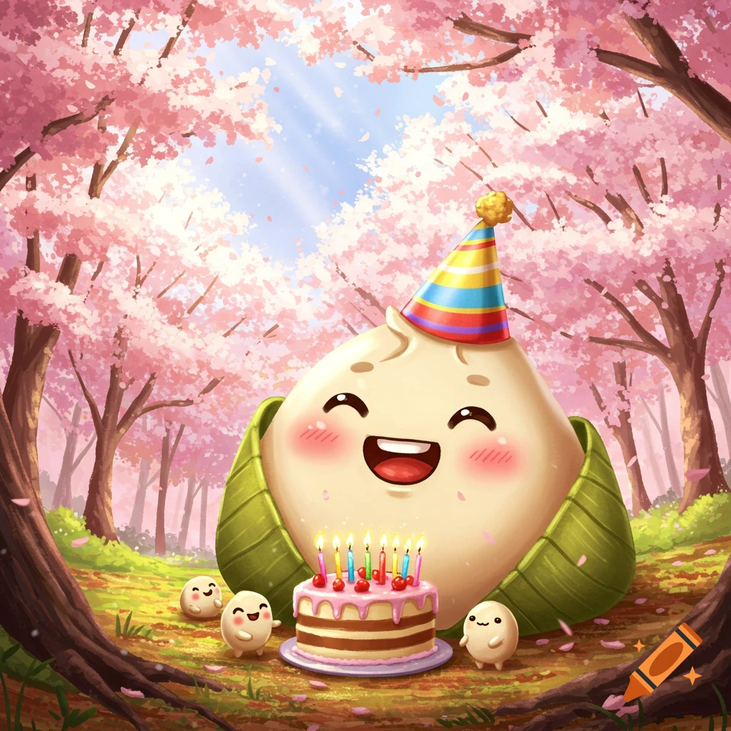Smiling dumpling celebrating birthday in cherry blossom forest on Craiyon