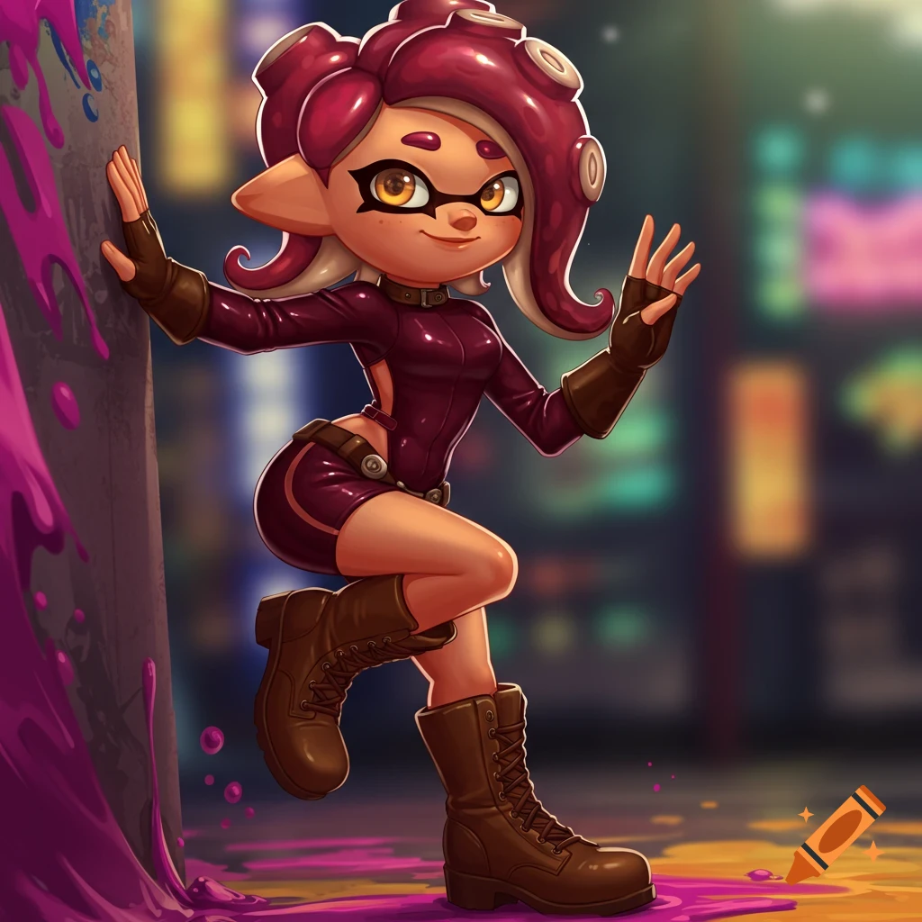 Stylized Octoling girl in a burgundy suit and boots poses by a wall ...