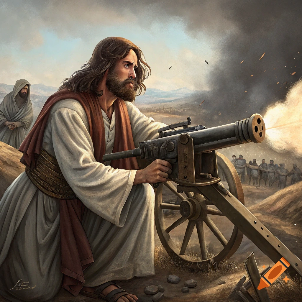 Illustration of Jesus Christ holding a Gatling gun in a rocky landscape under a cloudy sky on ...