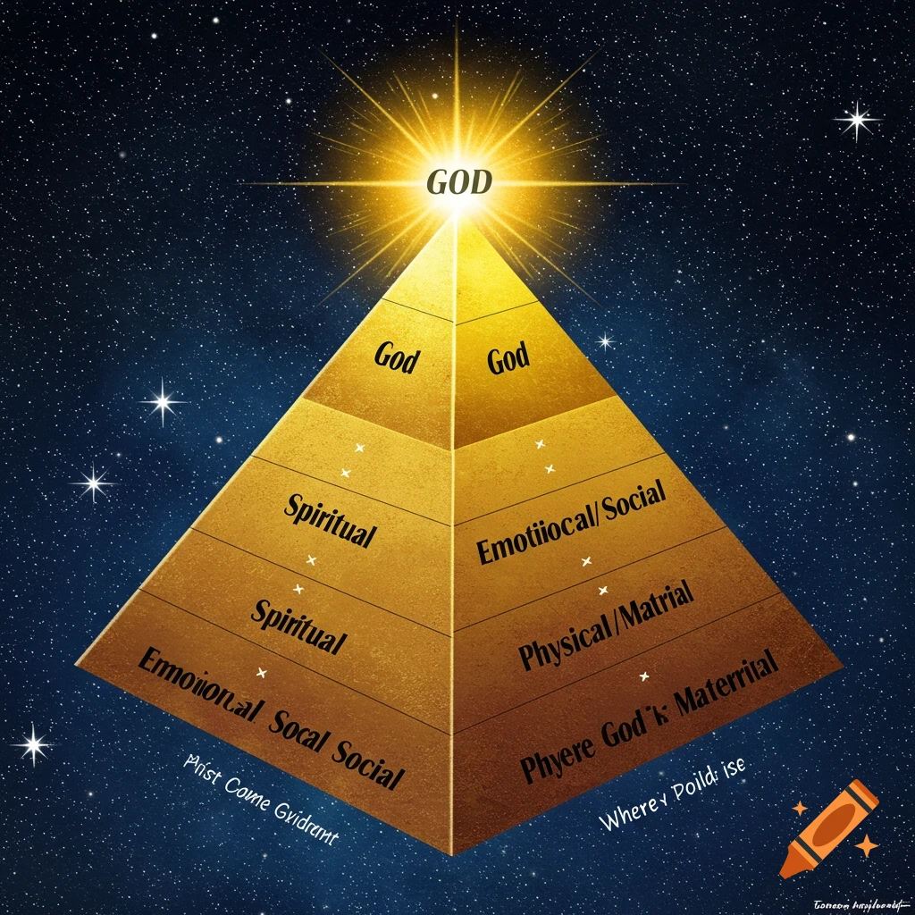 Spiritual pyramid with golden light and labels on Craiyon