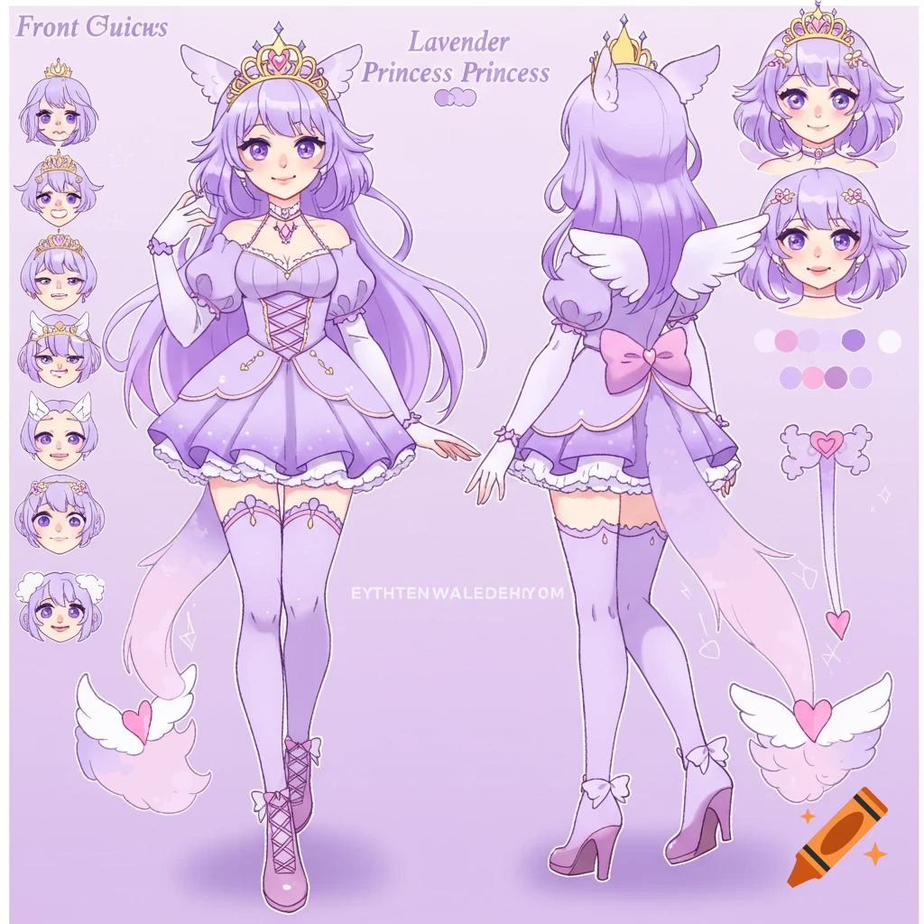 Anime character sheet of a lavender princess with animal ears, wings ...