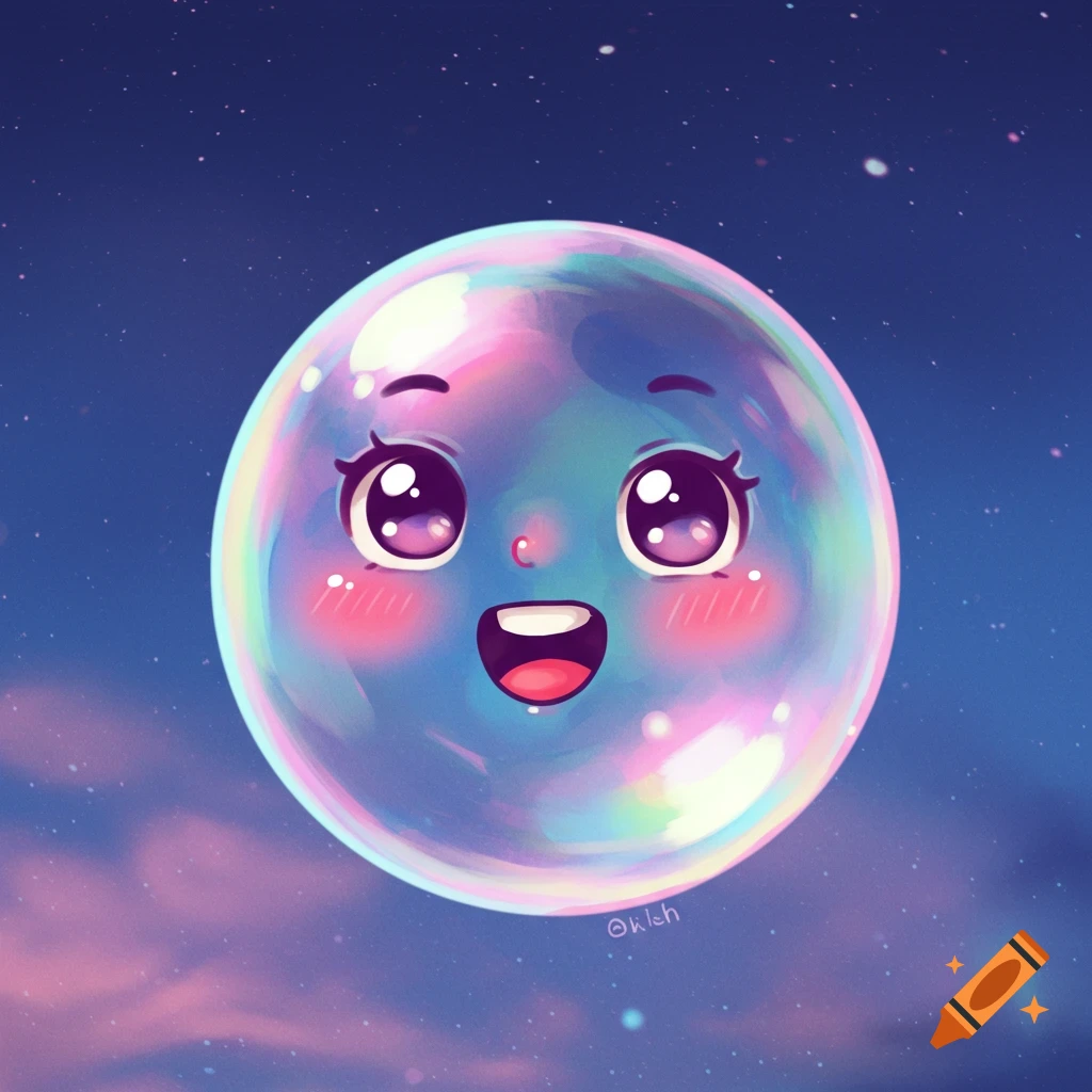 A cute, rainbow bubble with a happy face floats in a stylized night sky ...
