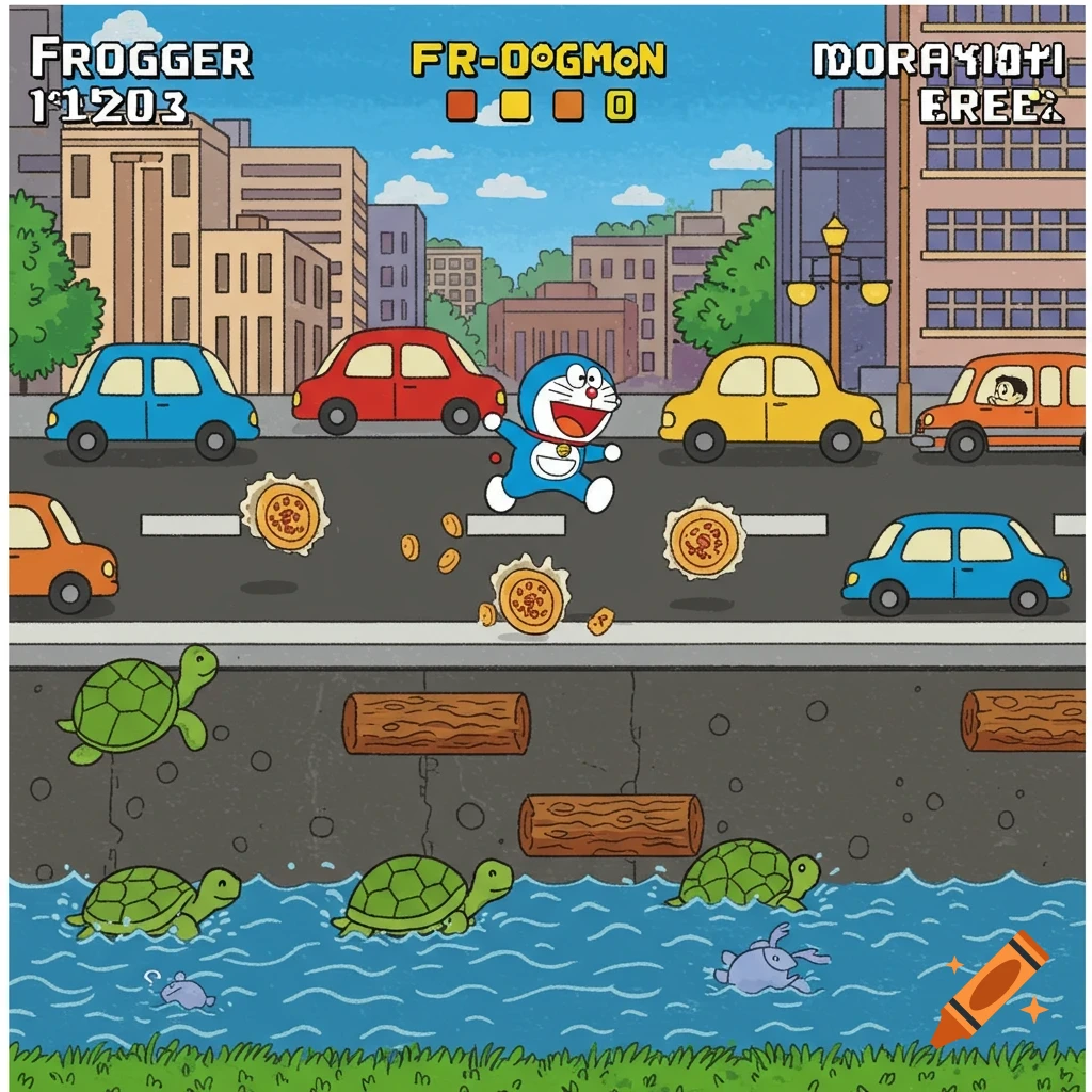 Cartoon style image of Doraemon in a Frogger game screen, crossing a ...