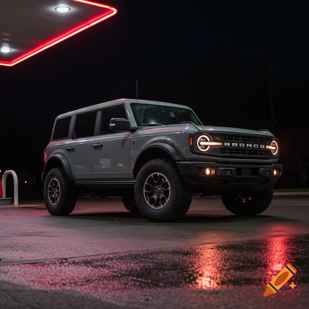 Grey 2024 4-door Ford Bronco at gas station with neon lights, low angle ...