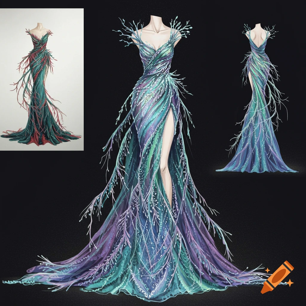 Detailed fantasy dress design sketch in blue, purple, and green with ...