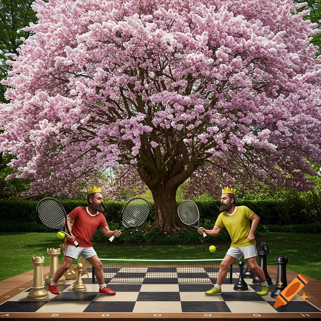 Magnolia tree with a tennis court on a chessboard table underneath ...