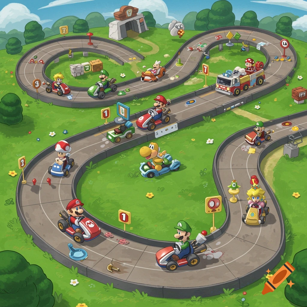 A picture of cartoon characters in karts racing on a board game track ...