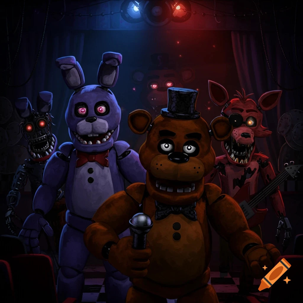 Five Nights at Freddy's characters chase people through fog at a theme park at night, digital ...