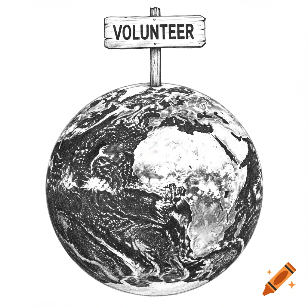 Black and white pencil drawing of the earth with a 'Volunteer' sign at ...