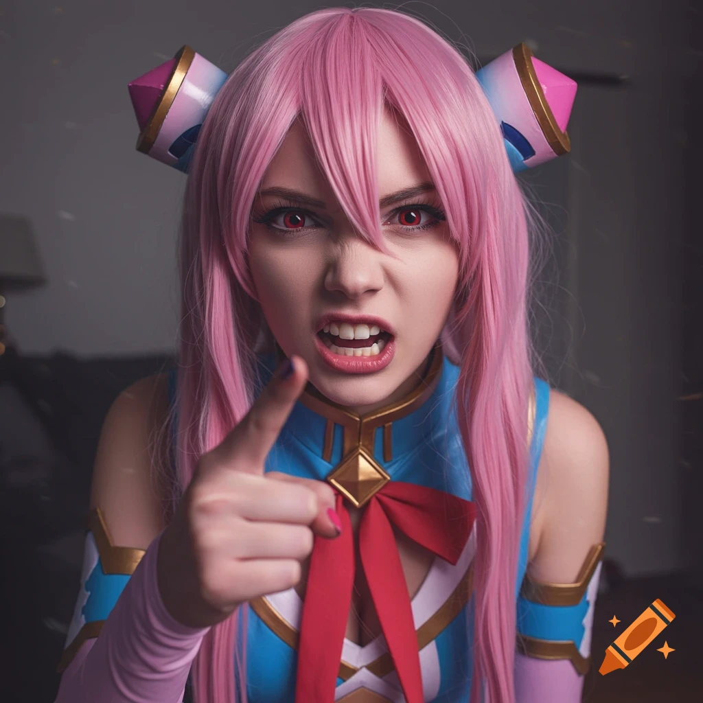 Angry anime girl cosplaying, pointing on Craiyon