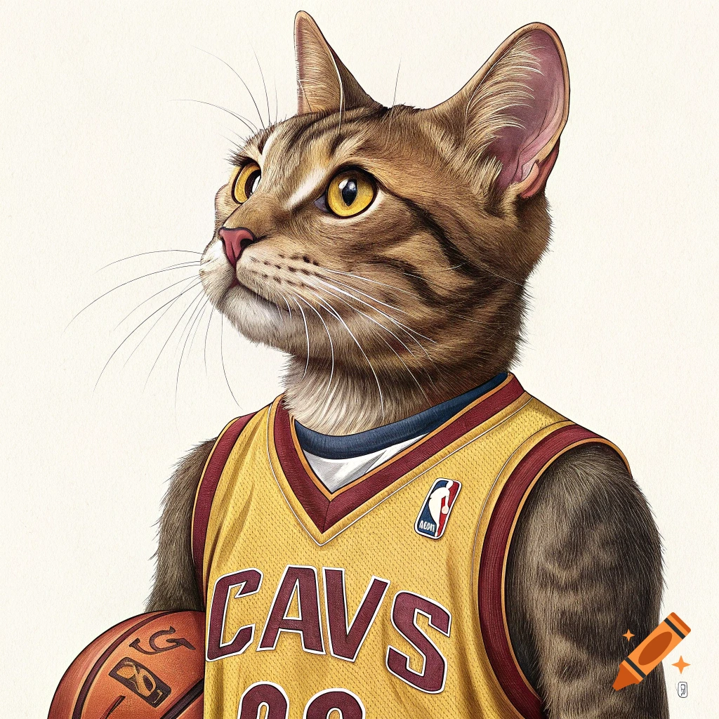 A tabby cat wearing a gold Cleveland Cavaliers basketball jersey and ...