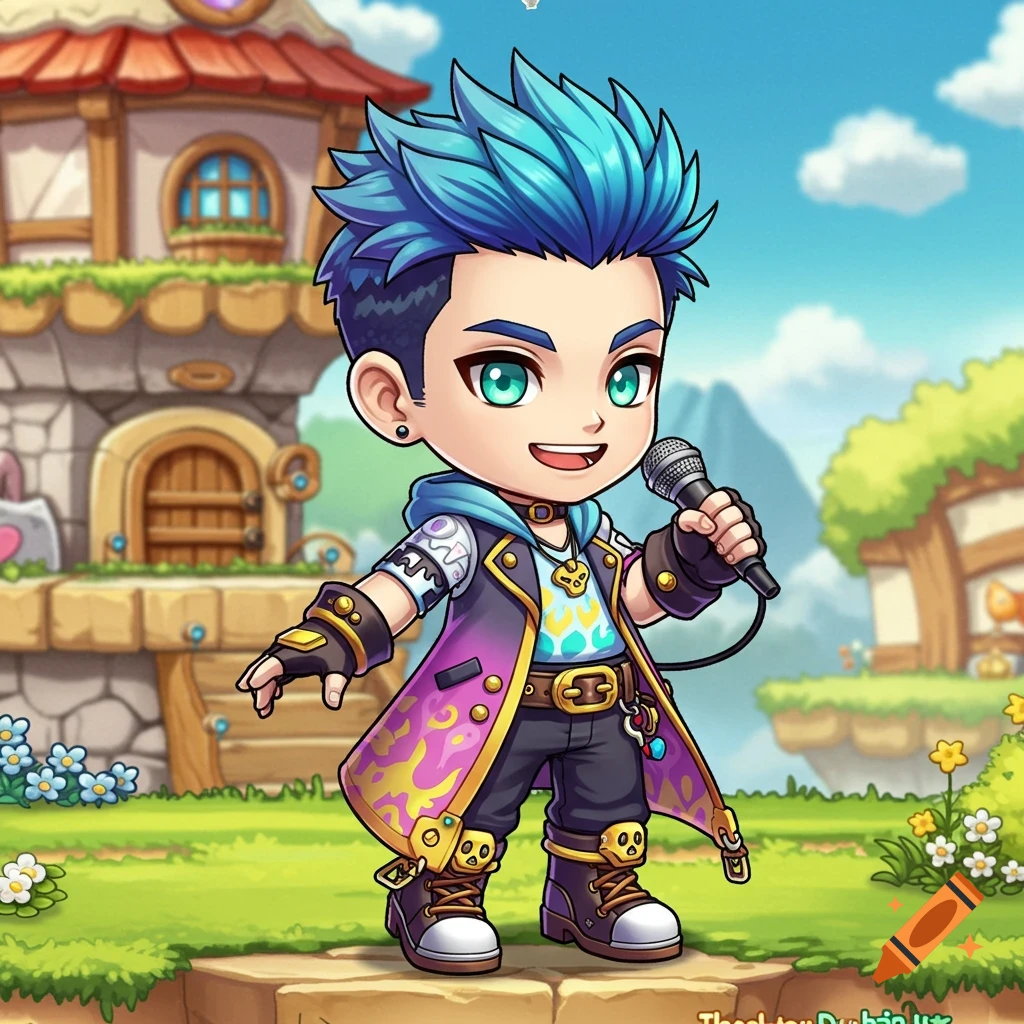 A chibi cartoon boy with spiky blue hair holds a microphone and smiles ...