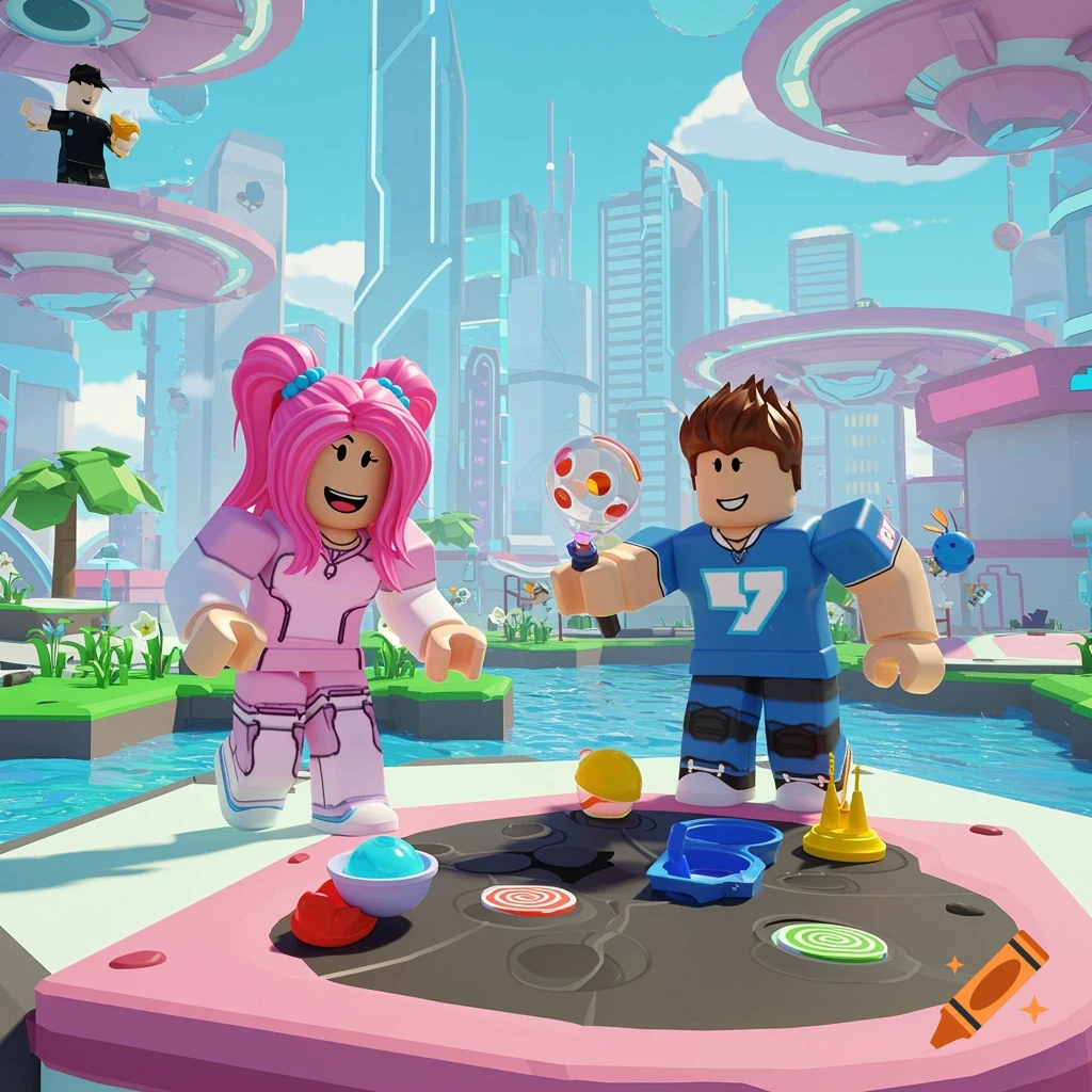 A group of Roblox characters, one holding a glowing blue gravity coil ...