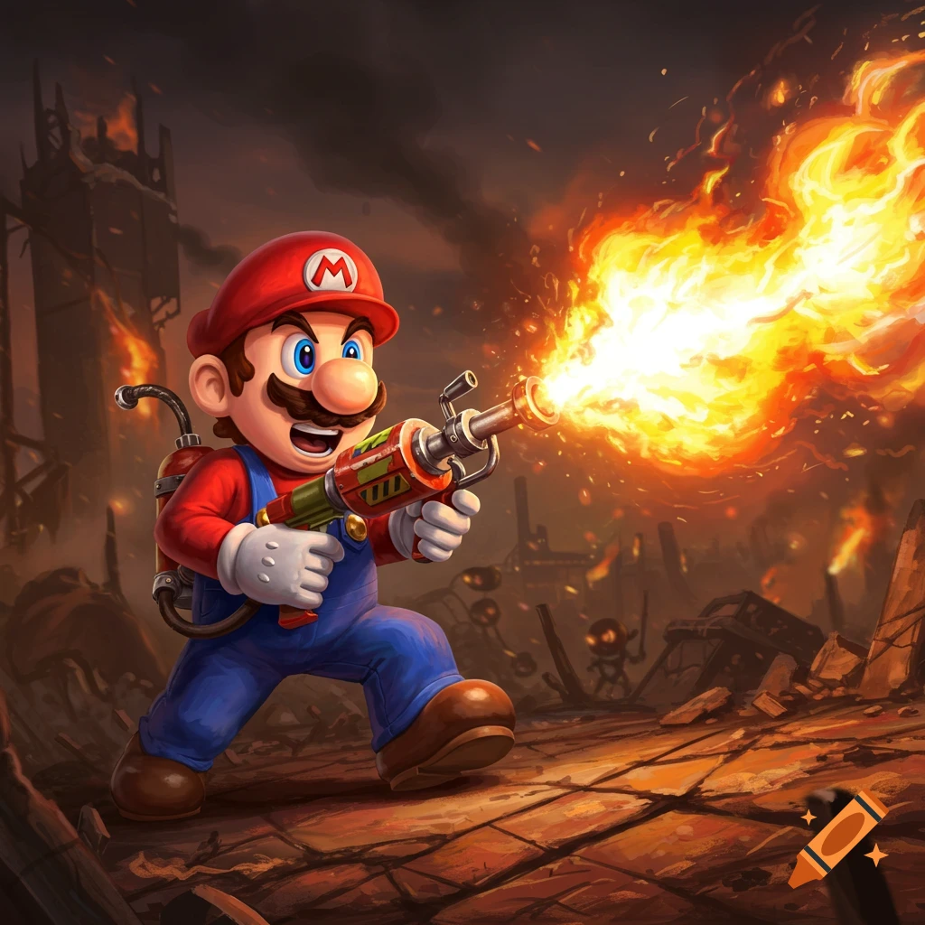 Mario with a flamethrower on Craiyon