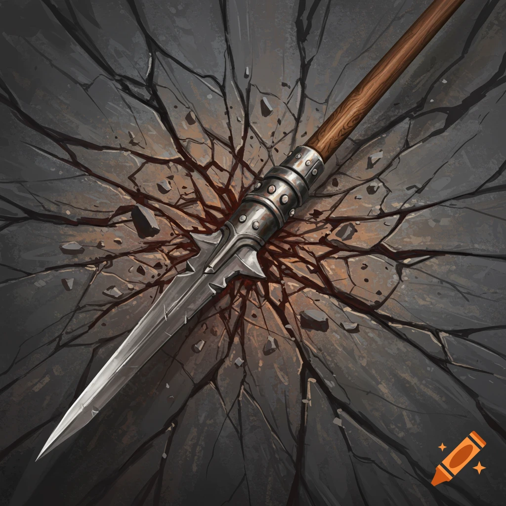 Polearm thrust into cracked stone on Craiyon