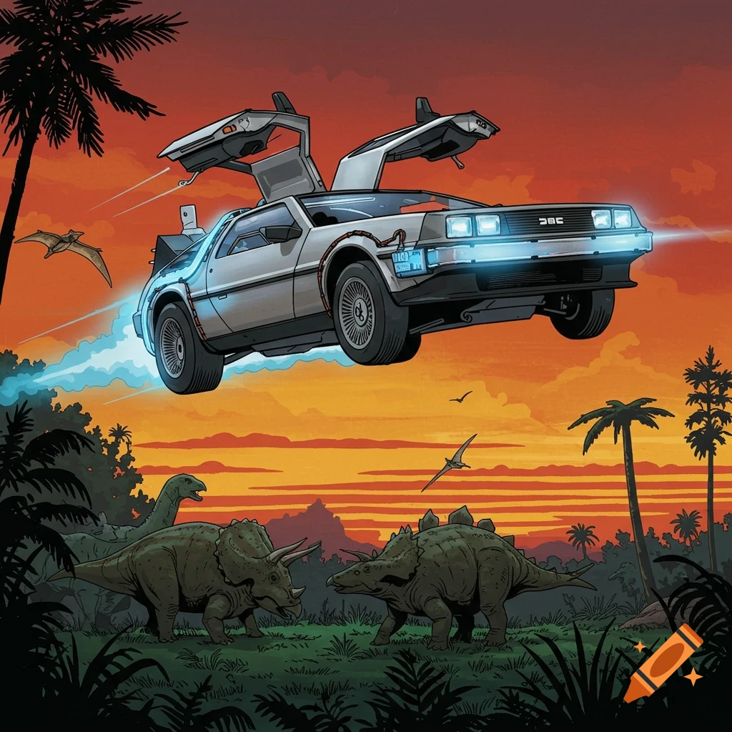 Back to the Future Delorean flying by dinosaurs on Craiyon