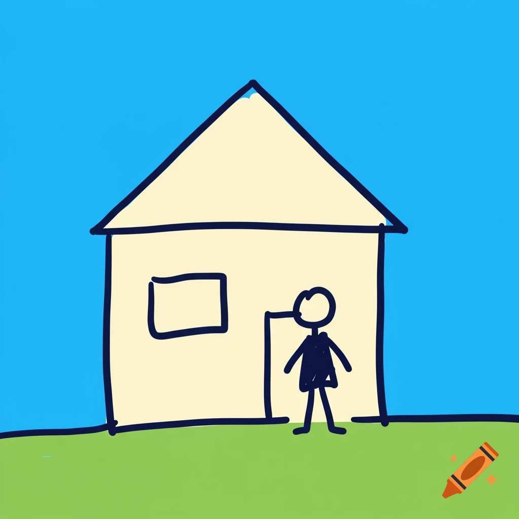 Rudimentary hand-drawn image of a house with a stick figure person ...