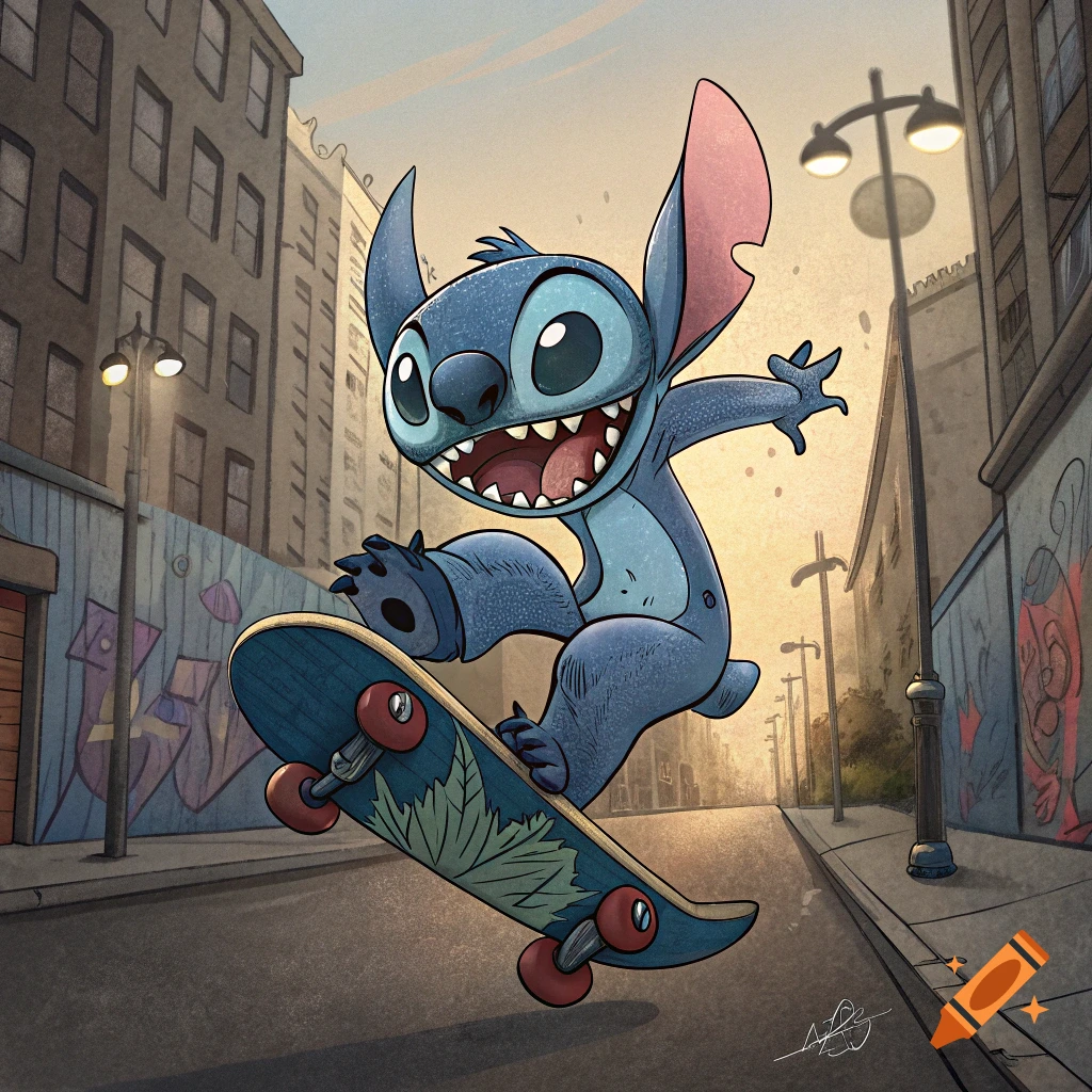 Illustrated person skateboarding in a graffiti-covered skatepark at ...