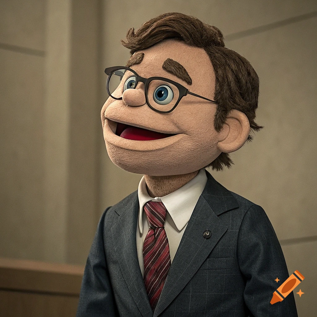 A detailed image of a puppet wearing glasses and a suit. on Craiyon