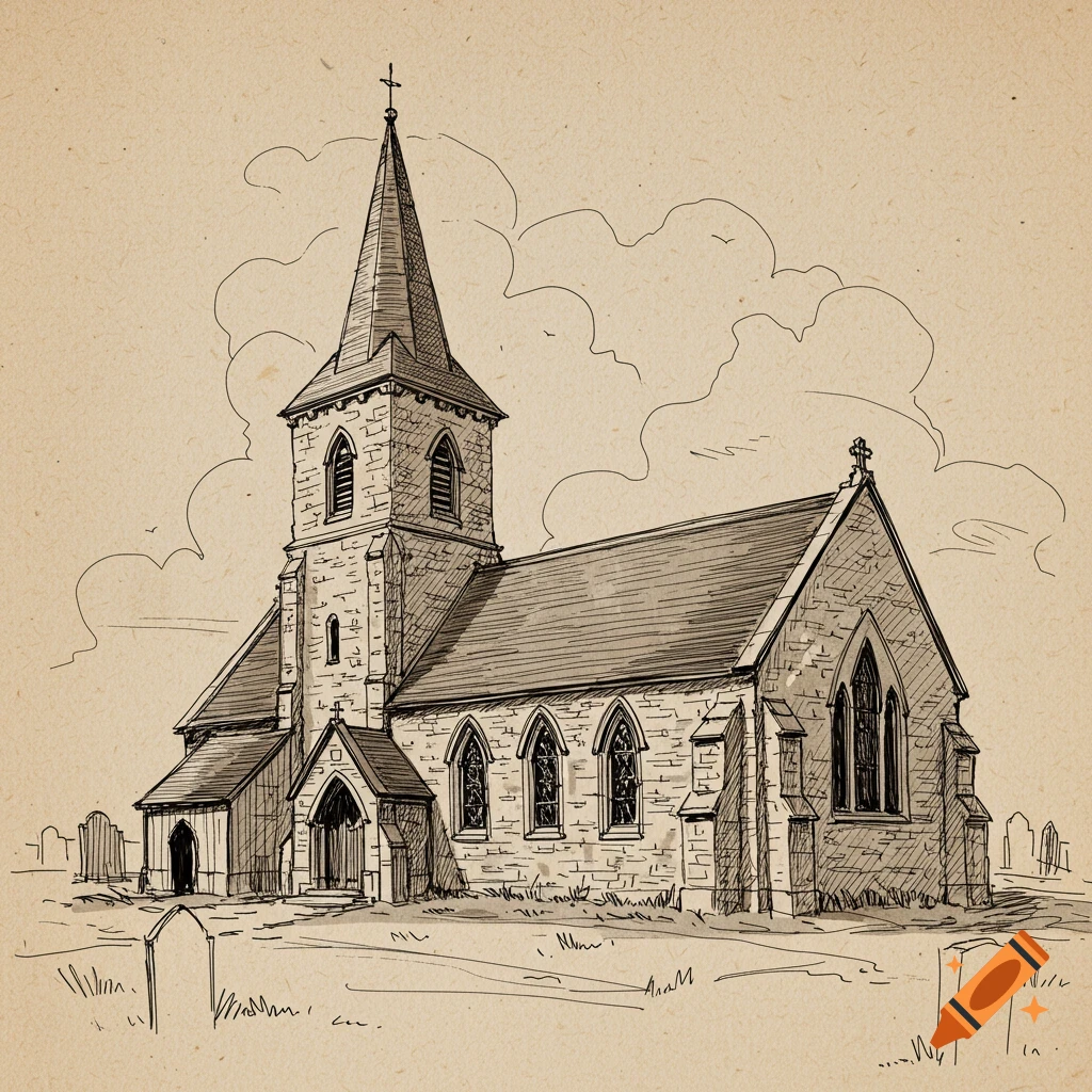 Stone church with tall spire next to a graveyard at sunrise on Craiyon